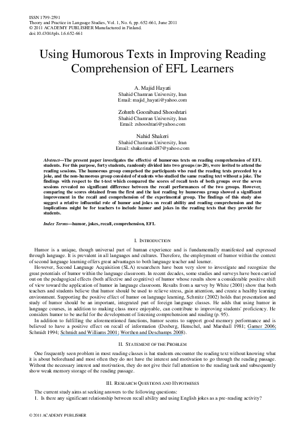 (PDF) Using Humorous Texts in Improving Reading Comprehension of EFL ...