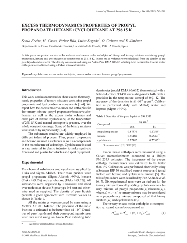 (PDF) Excess thermodynamics properties of propyl propanoate+hexane+cyclohexane at 298.15 K