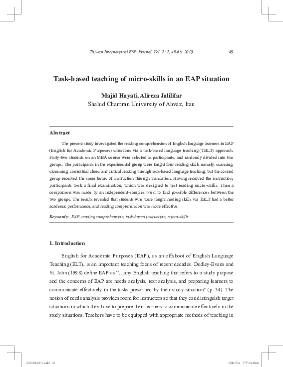 (PDF) Task-based Teaching of micro-skills in an EAP Situation