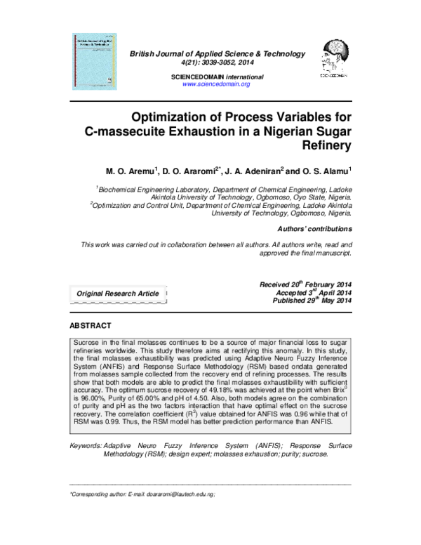 Pdf Optimization Of Process Variables
