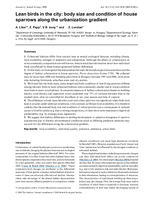 (PDF) Lean birds in the city: body size and condition of house sparrows ...