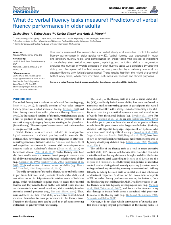 (PDF) What do verbal fluency tasks measure? Predictors of verbal ...