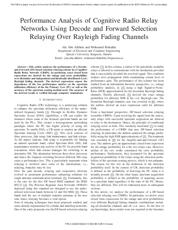 Pdf Performance Analysis Of Cognitive Radio Relay Networks Using Decode And Forward Selection