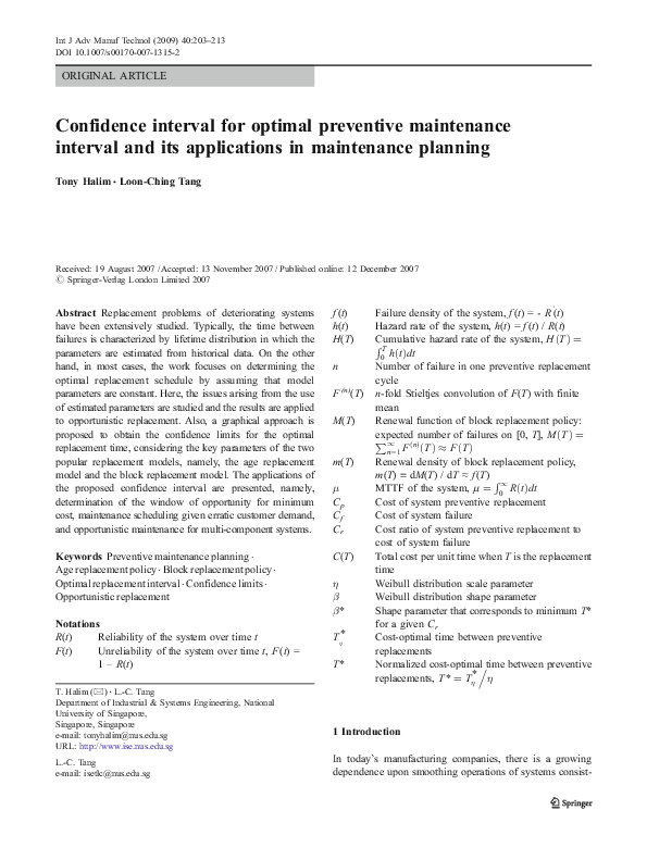 (PDF) Confidence interval for optimal preventive maintenance interval ...