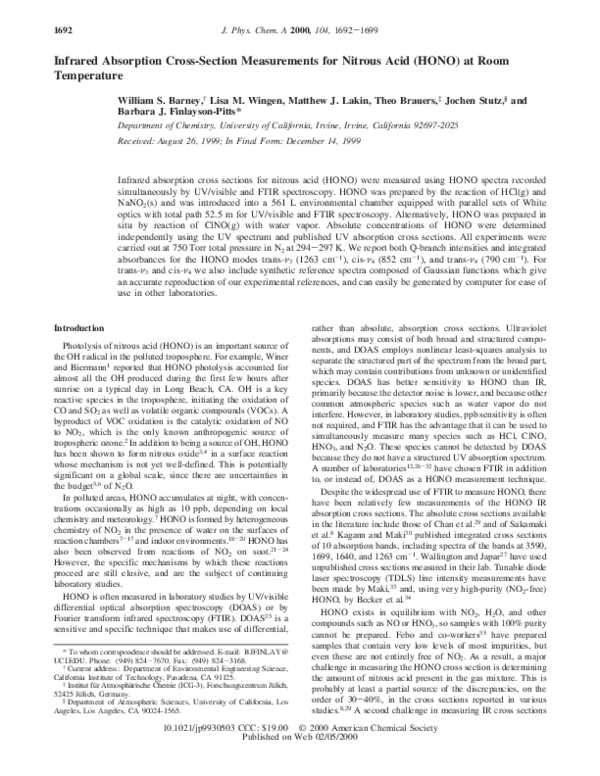 (PDF) Infrared absorption cross-section measurements for nitrous acid (HONO) at room temperature
