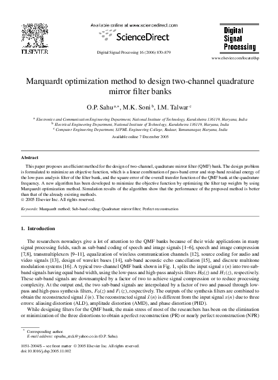 (PDF) Marquardt optimization method to design two-channel quadrature mirror filter banks
