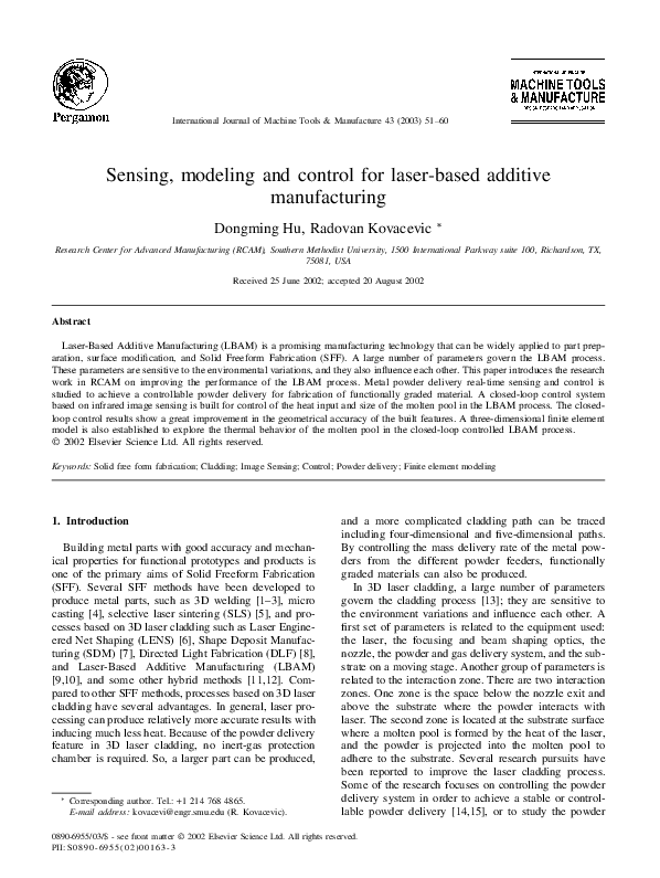 Pdf Sensing Modeling And Control For Laser Based Additive Manufacturing