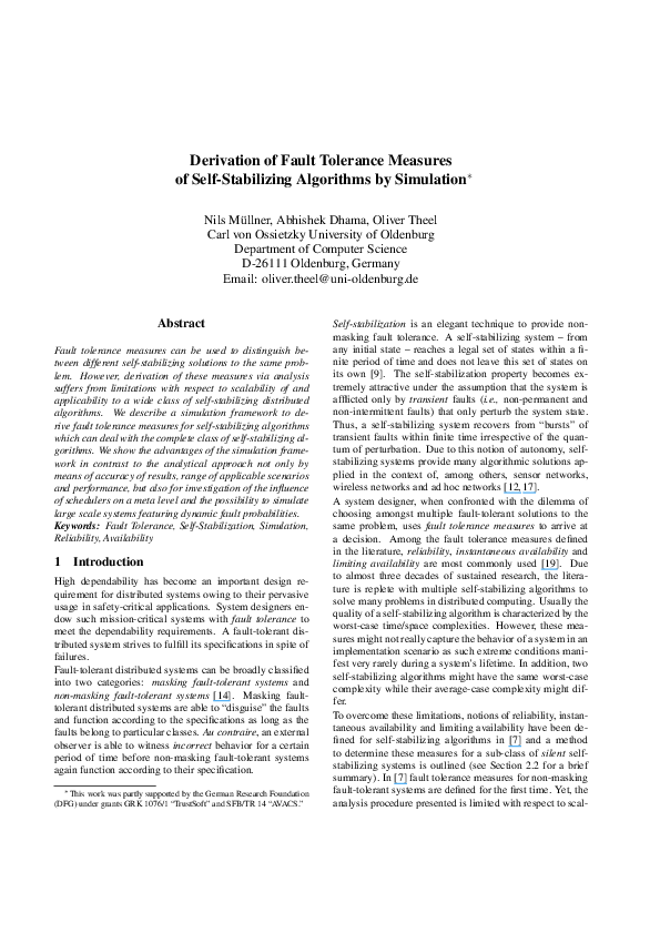 (PDF) Derivation of Fault Tolerance Measures of Self-Stabilizing Algorithms by Simulation