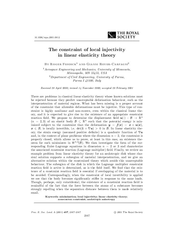 (PDF) The constraint of local injectivity in linear elasticity theory