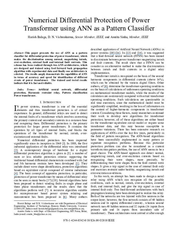 Pdf Numerical Differential Protection Of Power Transformer Using Ann As A Pattern Classifier
