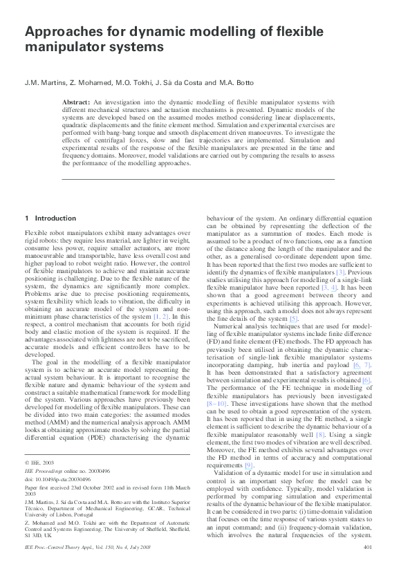 (PDF) Approaches for dynamic modelling of flexible manipulator systems