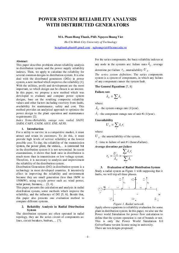 Pdf Power System Reliability Analysis With Distributed Generators