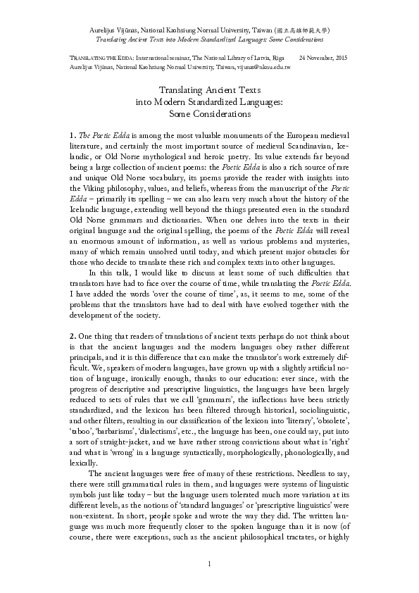 (PDF) Translating Ancient Texts into Modern Standardized Languages ...