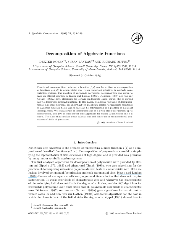 (PDF) Decomposition of algebraic functions