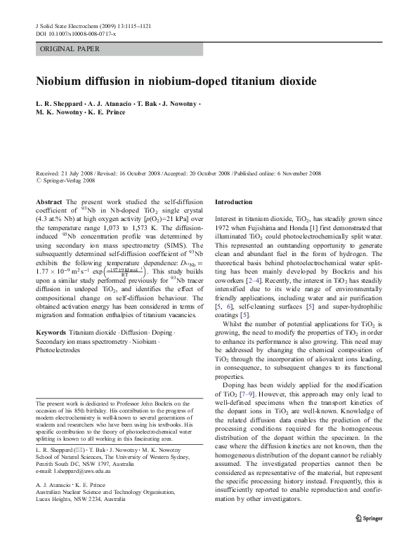 (PDF) Niobium diffusion in niobium-doped titanium dioxide