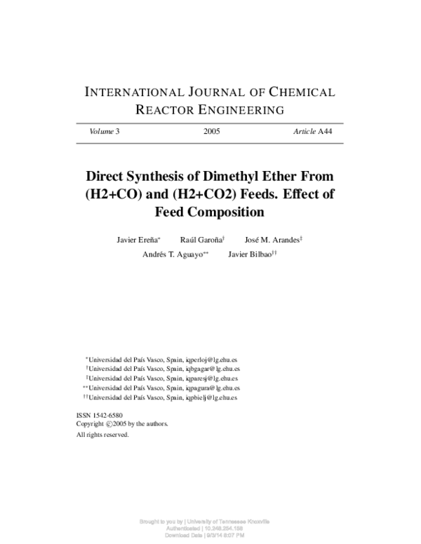 Pdf Direct Synthesis Of Dimethyl Ether From H2co And H2co2