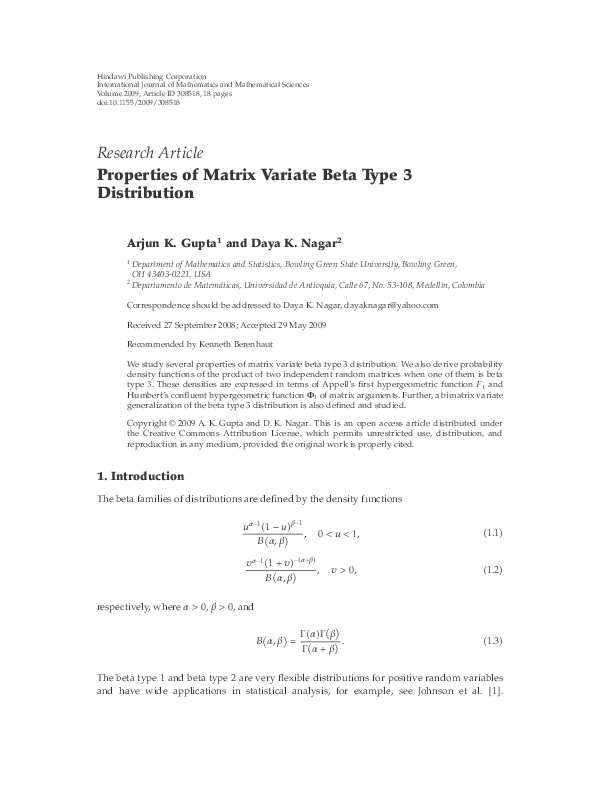 (PDF) Properties of Matrix Variate Beta Type 3 Distribution