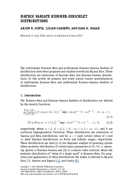 (PDF) Matrix variate Kummer-Dirichlet distributions