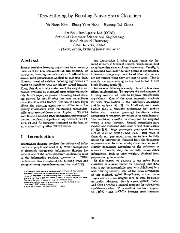 (PDF) Text filtering by boosting naive Bayes classifiers