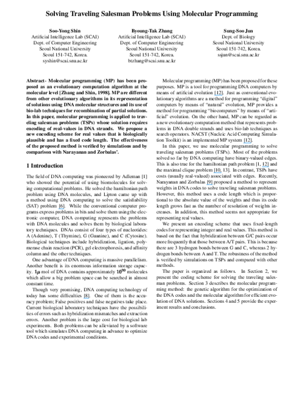 Pdf Solving Traveling Salesman Problems Using Molecular Programming