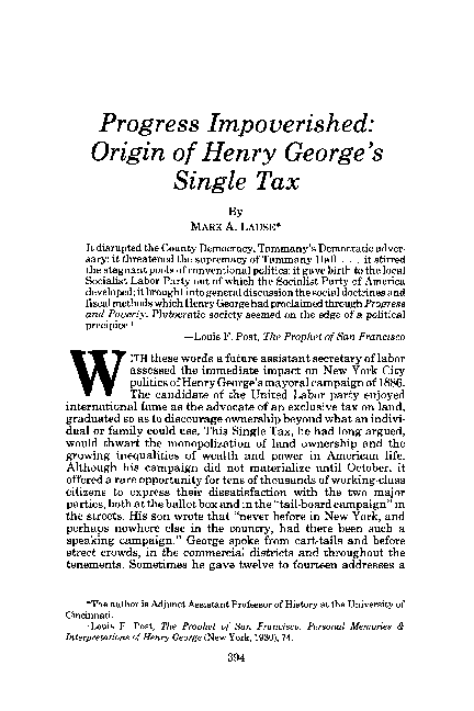 (PDF) Progress Impoverished: Origin of Henry George's Single Tax