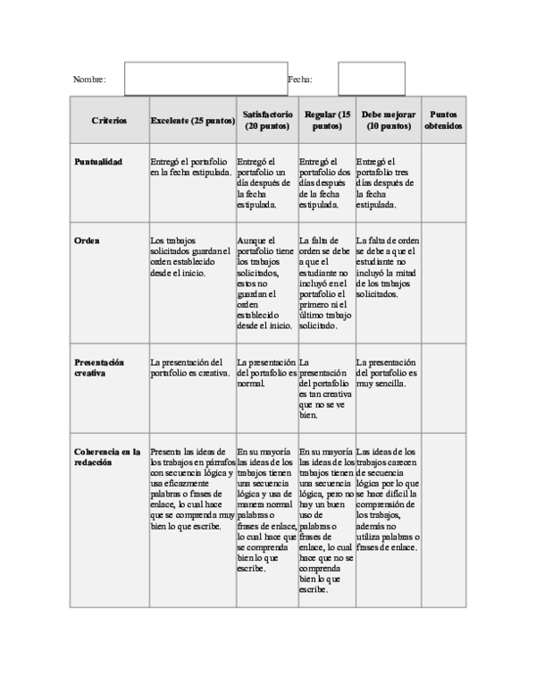 (DOC) Rubrica para el portafolio de evidencias