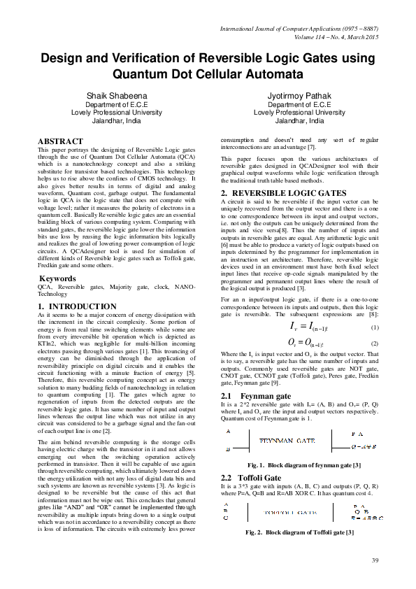 Pdf Design And Verification Of Reversible Logic Gates Using Quantum Dot Cellular Automata