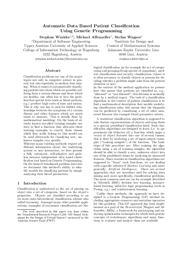 (PDF) Automatic data based patient classification using genetic programming