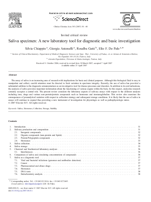 (PDF) Saliva specimen: A new laboratory tool for diagnostic and basic ...