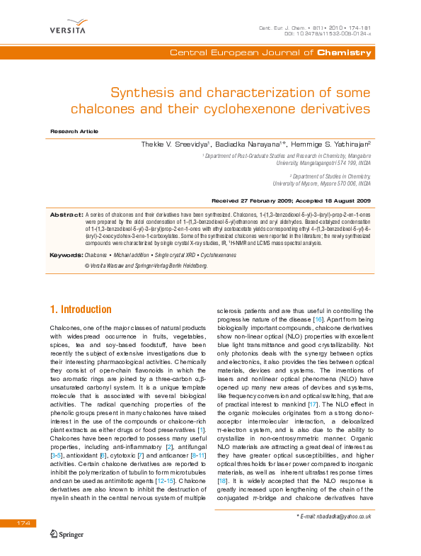 (PDF) Synthesis and characterization of some chalcones and their cyclohexenone derivatives