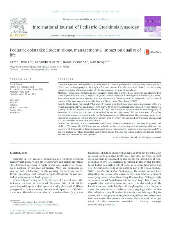 (PDF) Pediatric epistaxis: Epidemiology, management & impact on quality ...