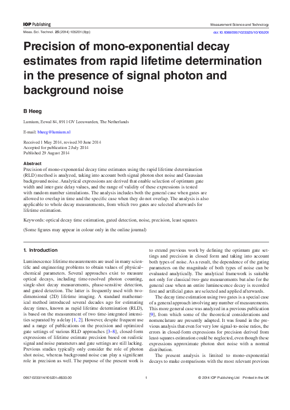 (PDF) Precision of mono-exponential decay estimates from rapid lifetime ...
