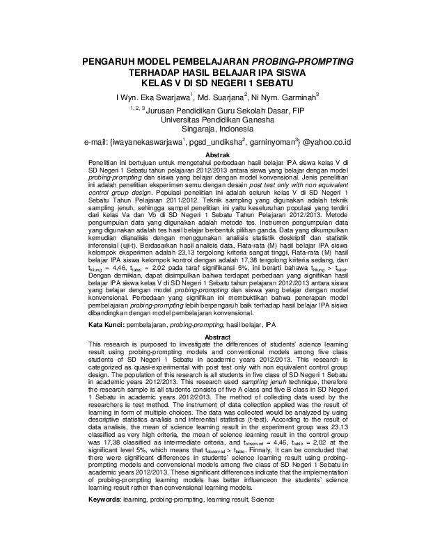 (PDF) PENGARUH MODEL PEMBELAJARAN PROBING-PROMPTING TERHADAP HASIL BELAJAR IPA SISWA KELAS V DI ...