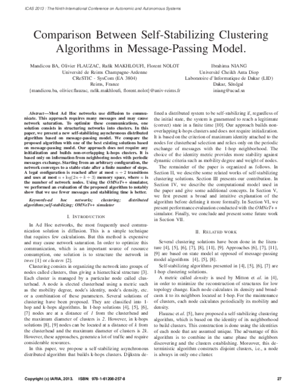 (PDF) Comparison Between Self-Stabilizing Clustering Algorithms in Message-Passing Model