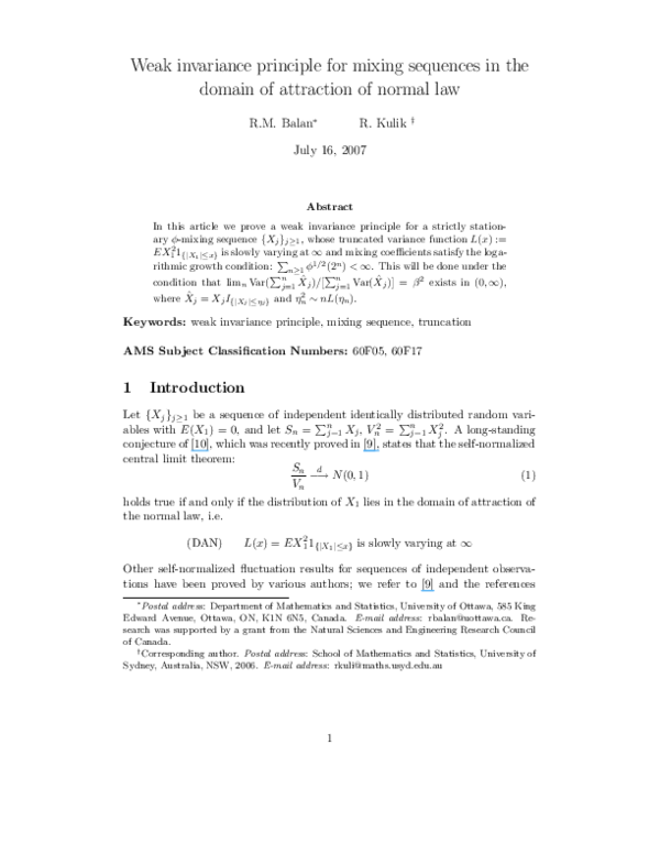(PDF) Weak invariance principle for mixing sequences in the domain of ...