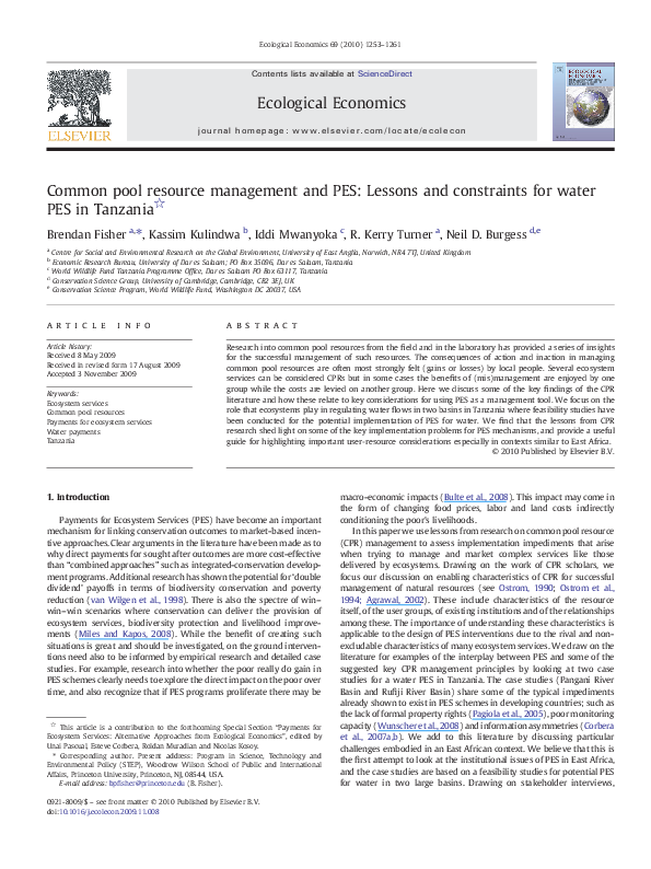 (PDF) Common pool resource management and PES: Lessons and constraints for water PES in Tanzania