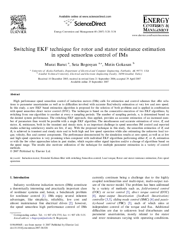 Pdf Switching Ekf Technique For Rotor And Stator Resistance Estimation In Speed Sensorless