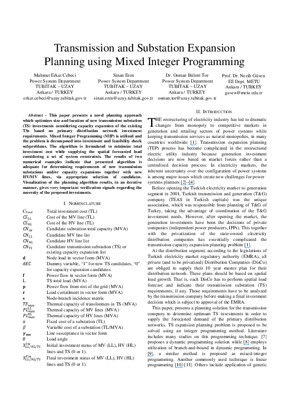 Pdf Transmission And Substation Expansion Planning Using Mixed Integer Programming