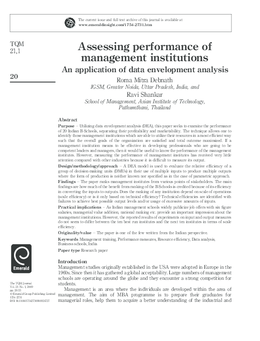 (PDF) Assessing performance of management institutions : An application of data envelopment analysis
