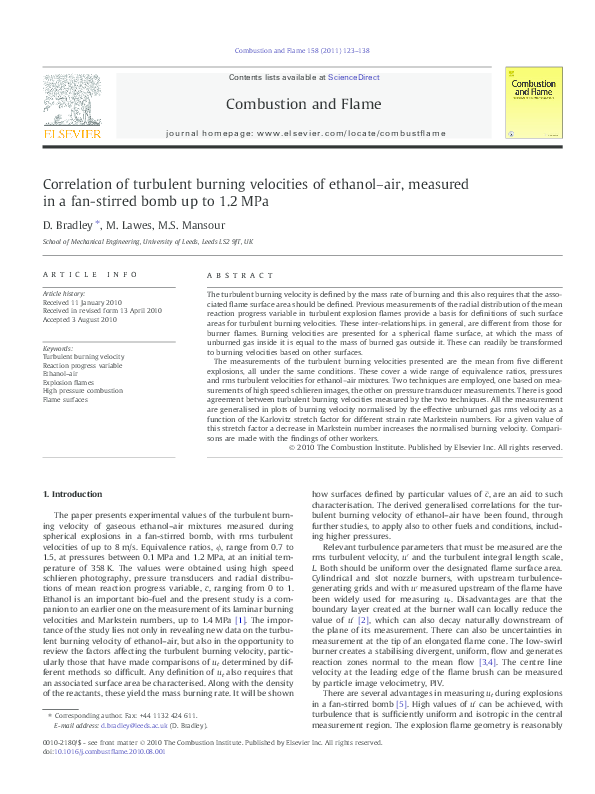 (PDF) Correlation of turbulent burning velocities of ethanol–air, measured in a fan-stirred bomb ...