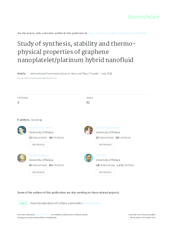 (PDF) Study of synthesis, stability and thermo- physical properties of graphene nanoplatelet ...