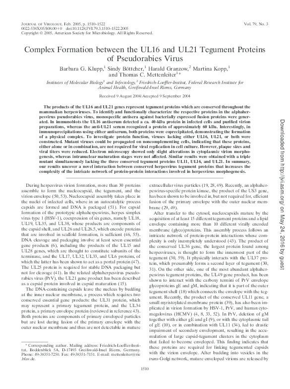 (PDF) Complex Formation between the UL16 and UL21 Tegument Proteins of ...