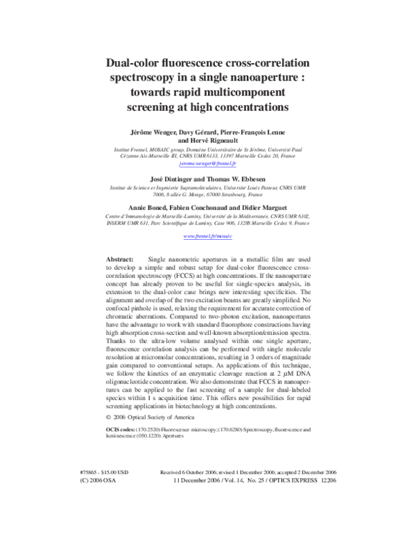 Pdf Dual Color Fluorescence Cross Correlation Spectroscopy For Multicomponent Diffusional