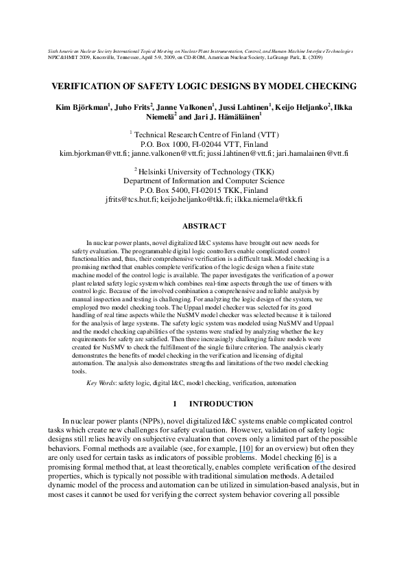 (PDF) Verification of Safety Logic Designs by Model Checking