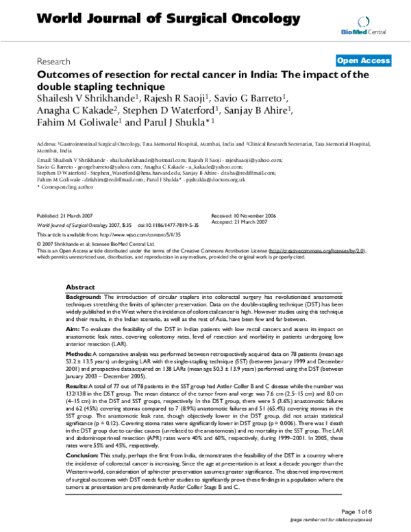 (PDF) Low anterior resection of the rectum using a double stapling ...
