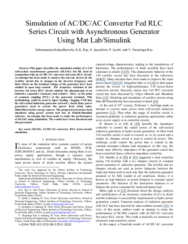 Pdf Simulation Of Acdcac Converter Fed Rlc Series Circuit With Asynchronous Generator Using
