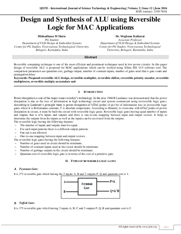 (PDF) Design and Synthesis of ALU using Reversible Logic for MAC Applications