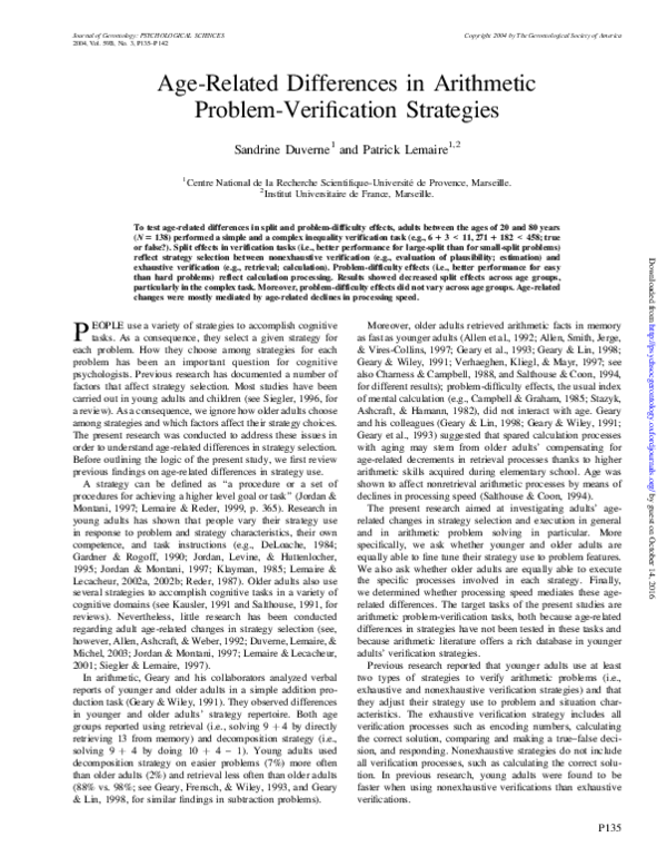 Pdf Age Related Differences In Arithmetic Problem Verification Strategies