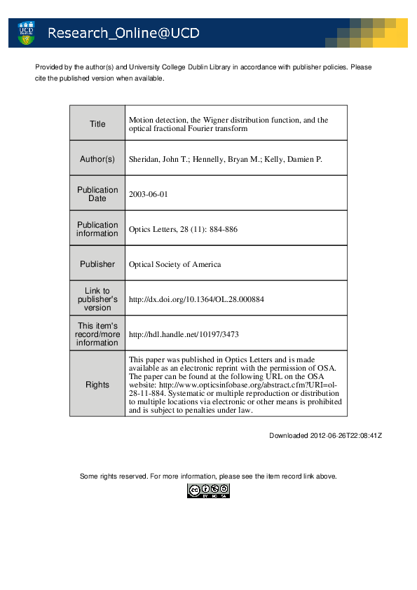 Pdf Motion Detection The Wigner Distribution Function And The Optical Fractional Fourier