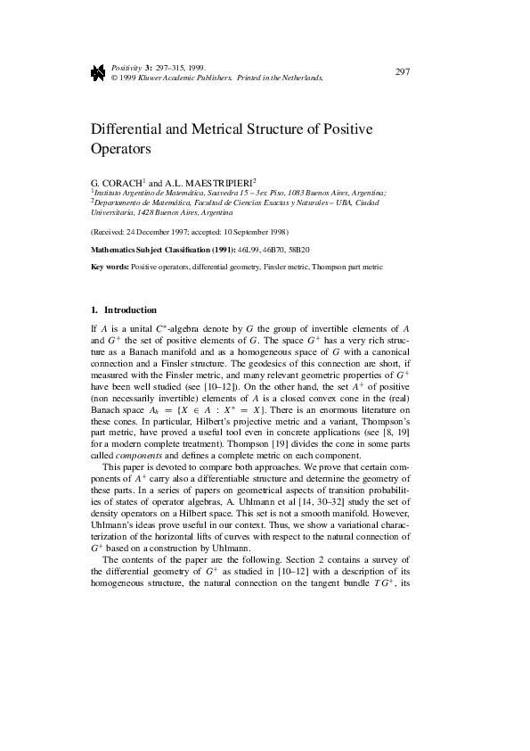 (PDF) Differential and Metrical Structure of Positive Operators